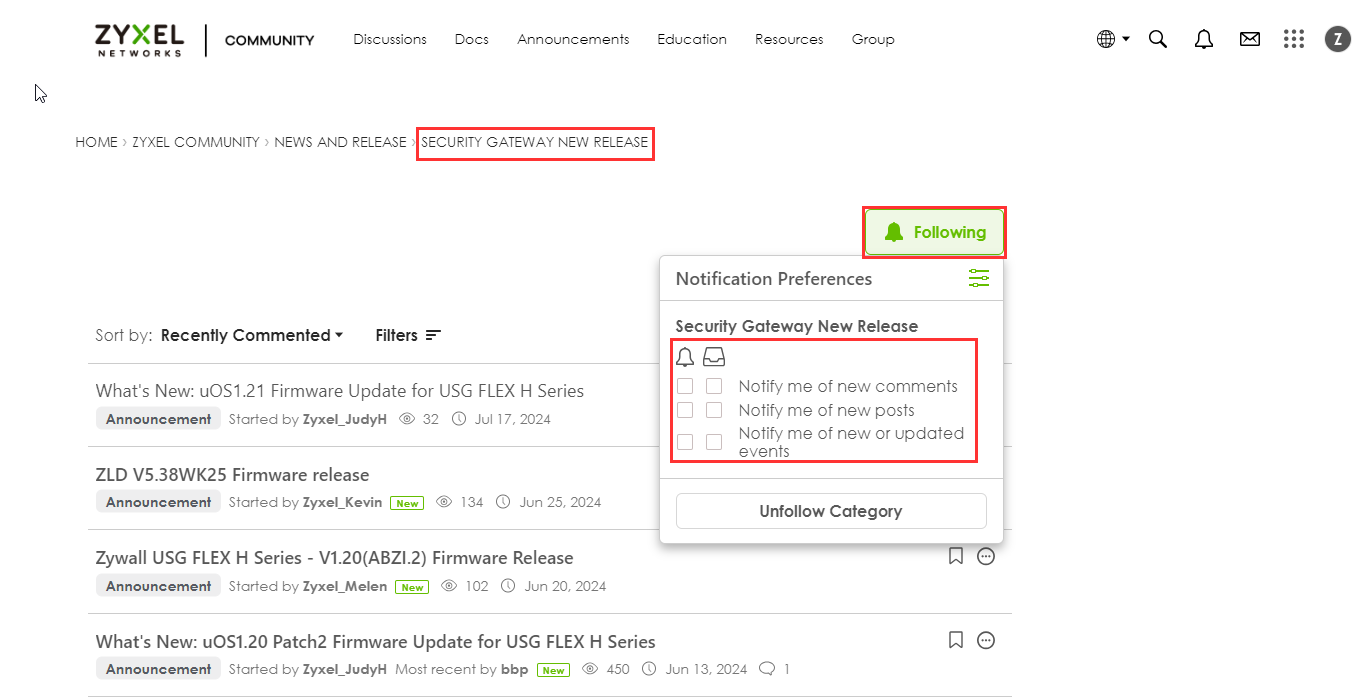 Zyxel Community [MyZyxelPortal] - Get New Firmware Release Notifications – Zyxel Support Campus EMEA