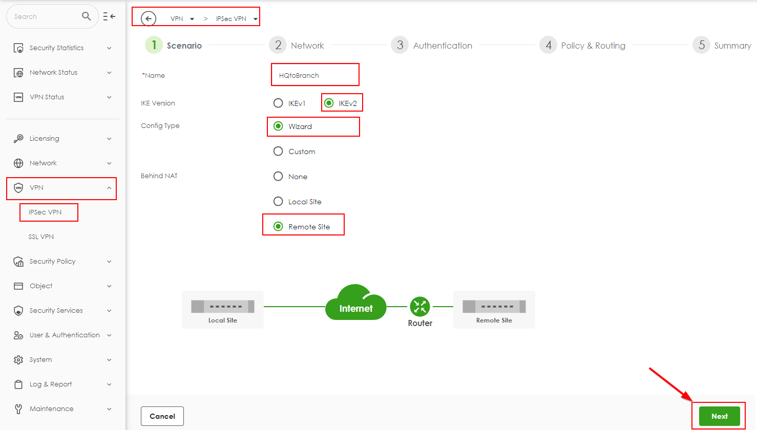 USG FLEX H Series [Firewall] - IPSec Site-to-Site VPN one Site is ...